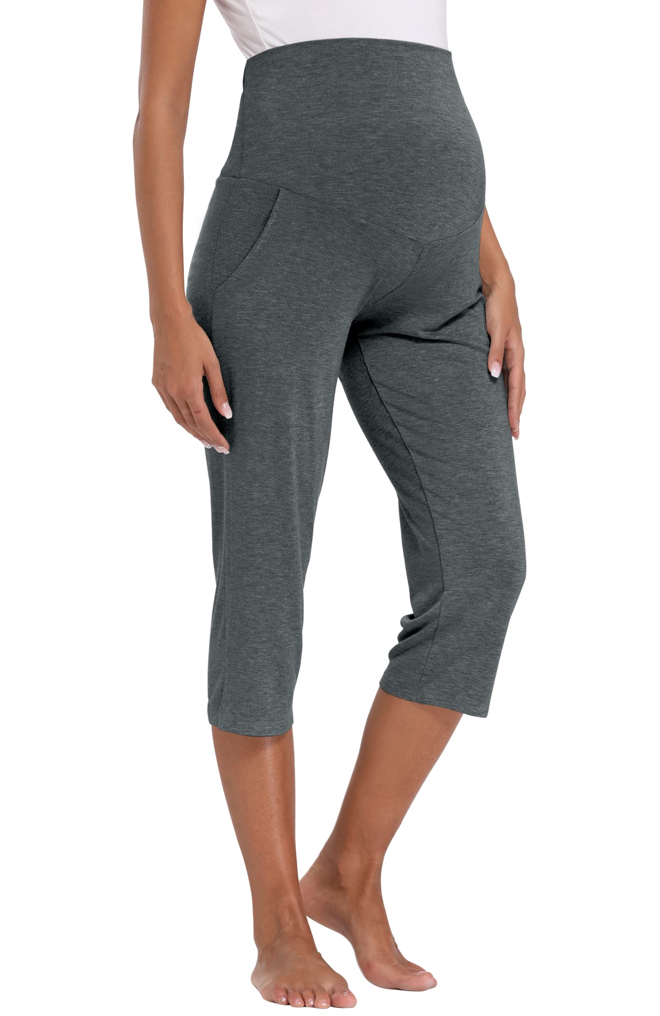 AMPOSH Women's Maternity Capri Pants Stretchy Lounge Pants Comfortable Pregnancy Shorts(Dark Gray with Pockets, XXL)