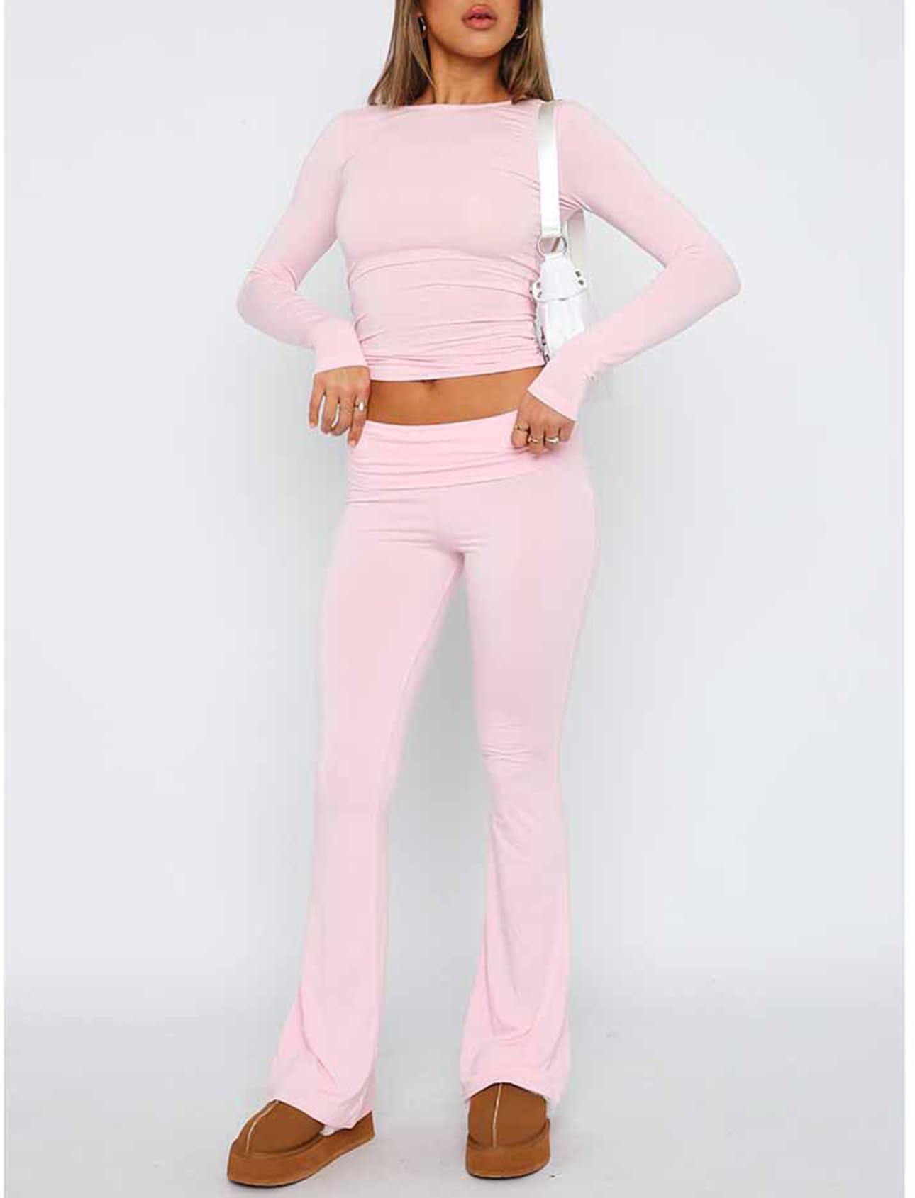 CXINS Women's Solid Color Fold Over Low Waist Pants Flare Leg Workout Leggings Bell Bottoms Bootcut Yoga Pants Pink Size M