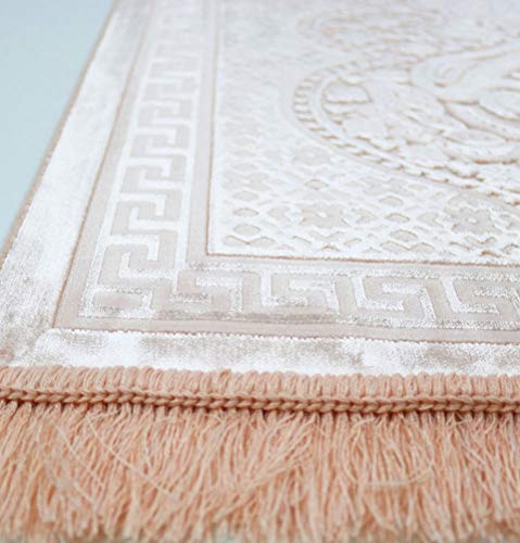 Modefa Velvet Prayer Rug - Soft Plush Turkish Janamaz Sajada Carpet for Men and Women - Plain Solid Prayer Mat Ramadan Eid Gift - with Prayer Beads - Floral Luxury Paisley (Blush Pink)