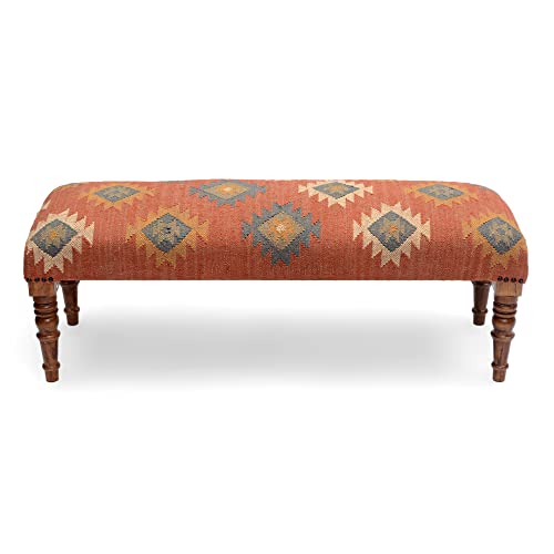 NATURAL FURNISH Wooden Bench for Living Room, Wool Jute Kilim Bench for entryway, Fabric upholstered Bench for Seating