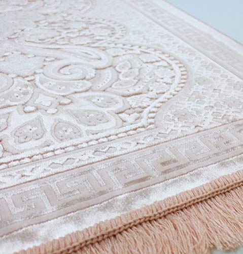 Modefa Velvet Prayer Rug - Soft Plush Turkish Janamaz Sajada Carpet for Men and Women - Plain Solid Prayer Mat Ramadan Eid Gift - with Prayer Beads - Floral Luxury Paisley (Blush Pink)