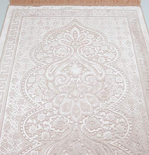 Modefa Velvet Prayer Rug - Soft Plush Turkish Janamaz Sajada Carpet for Men and Women - Plain Solid Prayer Mat Ramadan Eid Gift - with Prayer Beads - Floral Luxury Paisley (Blush Pink)