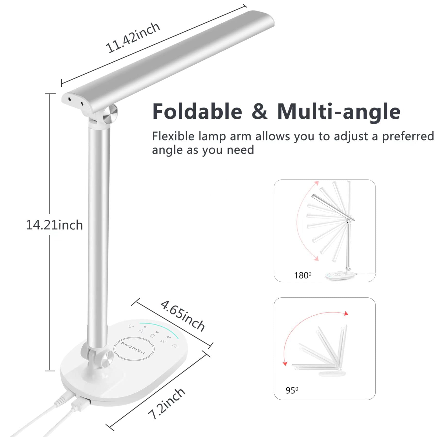 HEISENS Desk Lamps for Home Office, Led Desk Lamp with USB Charging Port,Touch Control,7 Lighting Modes,10 Brightness Levels, Eye-Caring Desk Lights for College Dorm