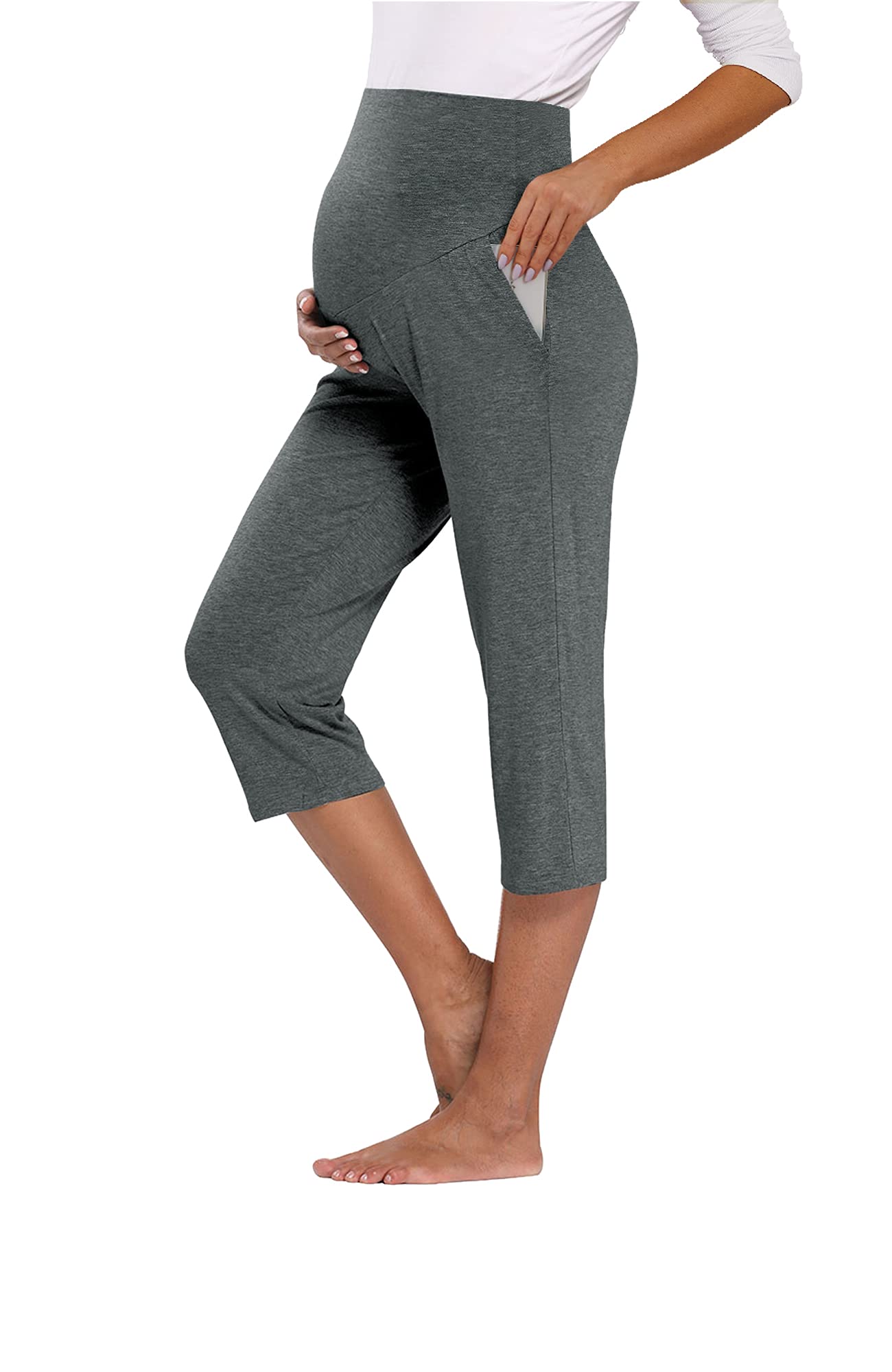 AMPOSH Women's Maternity Capri Pants Stretchy Lounge Pants Comfortable Pregnancy Shorts(Dark Gray with Pockets, XXL)