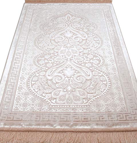 Modefa Velvet Prayer Rug - Soft Plush Turkish Janamaz Sajada Carpet for Men and Women - Plain Solid Prayer Mat Ramadan Eid Gift - with Prayer Beads - Floral Luxury Paisley (Blush Pink)