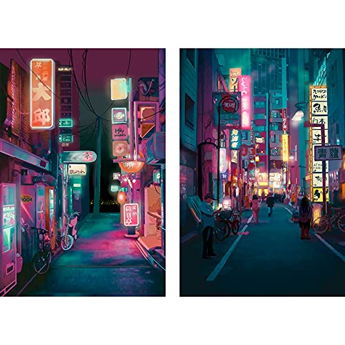 KOSHENIA Anime Poster Japanese Wall Art Set of 2 - Japan Print on Canvas Roll - Tokyo Neon Night City Scene Wall Decor Gift - Preppy Poster for Room Aesthetic UNFRAMED 11x14