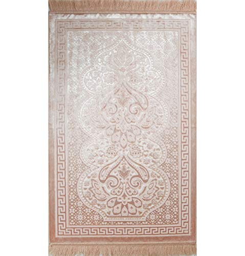 Modefa Velvet Prayer Rug - Soft Plush Turkish Janamaz Sajada Carpet for Men and Women - Plain Solid Prayer Mat Ramadan Eid Gift - with Prayer Beads - Floral Luxury Paisley (Blush Pink)