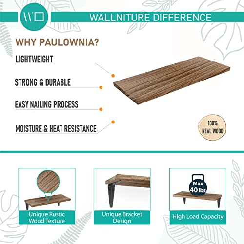 Wallniture Arras Rustic Wood Floating Shelves for Wall Storage, Wall Shelves for Living Room, Burnt Finish Plant Shelf Set of 3