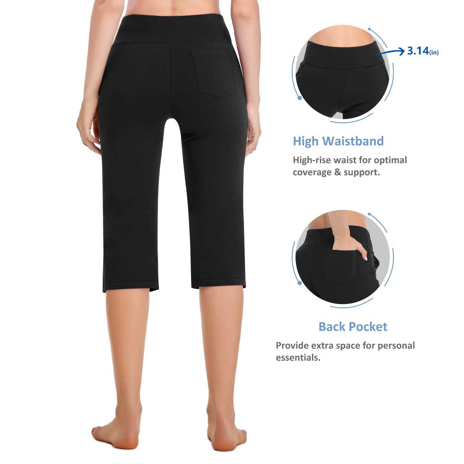 RIMLESS 7 Women's Capri Pants with Pockets Lounge Crop Yoga Pants Tummy Control Stretch Workout High Waist Athletic Pants P03-Black-L