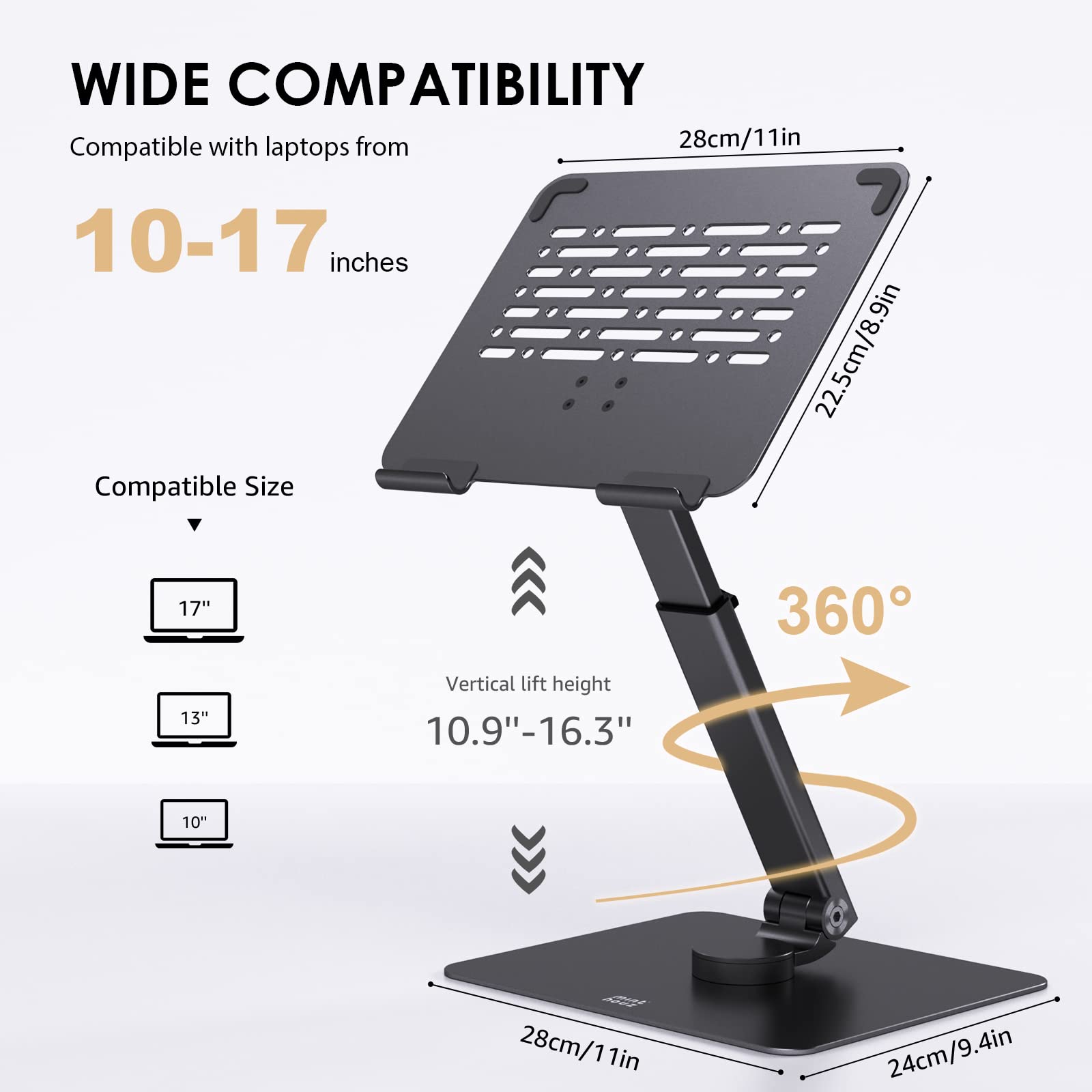 Minthouz 360 Rotating Laptop Stand for Desk - Aluminum Laptop Riser Adjustable Height up to 16.3 inch, Ergonomic Computer Stand for All Laptops 10-17 inch