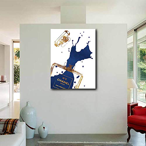 Home Decor Canvas Wall Art-HD Prints On Premium Canvas,Framed for Bedroom Bathroom Living Room Home Office Decor-Gold Perfume Bottle with Navy Blue Splash