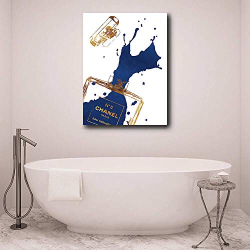 Home Decor Canvas Wall Art-HD Prints On Premium Canvas,Framed for Bedroom Bathroom Living Room Home Office Decor-Gold Perfume Bottle with Navy Blue Splash