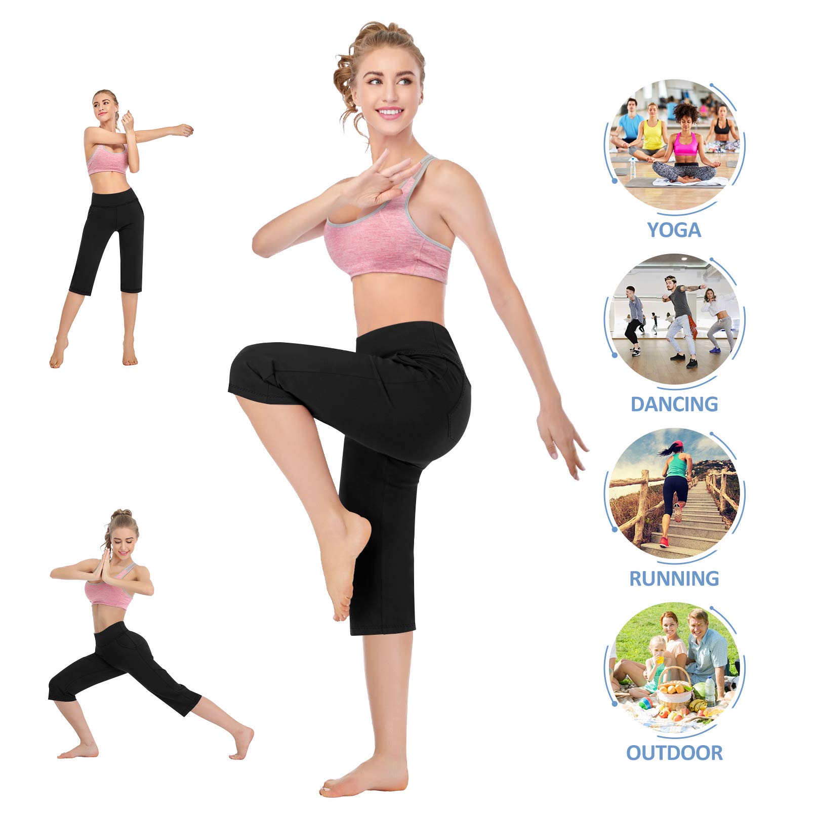 RIMLESS 7 Women's Capri Pants with Pockets Lounge Crop Yoga Pants Tummy Control Stretch Workout High Waist Athletic Pants P03-Black-L