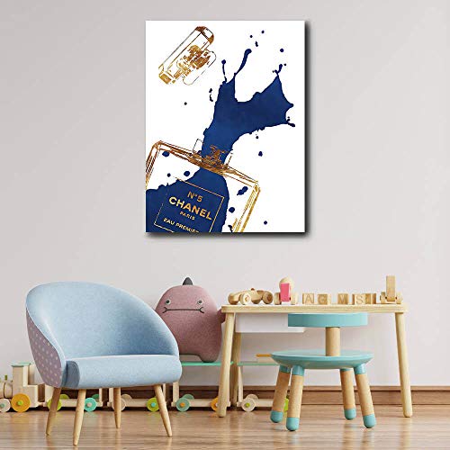 Home Decor Canvas Wall Art-HD Prints On Premium Canvas,Framed for Bedroom Bathroom Living Room Home Office Decor-Gold Perfume Bottle with Navy Blue Splash