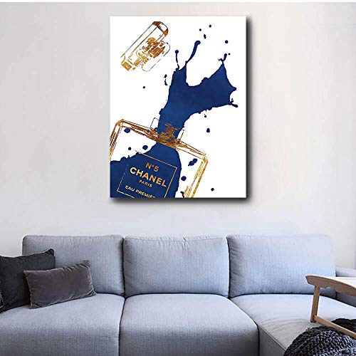 Home Decor Canvas Wall Art-HD Prints On Premium Canvas,Framed for Bedroom Bathroom Living Room Home Office Decor-Gold Perfume Bottle with Navy Blue Splash