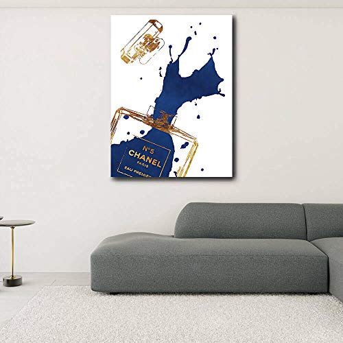 Home Decor Canvas Wall Art-HD Prints On Premium Canvas,Framed for Bedroom Bathroom Living Room Home Office Decor-Gold Perfume Bottle with Navy Blue Splash