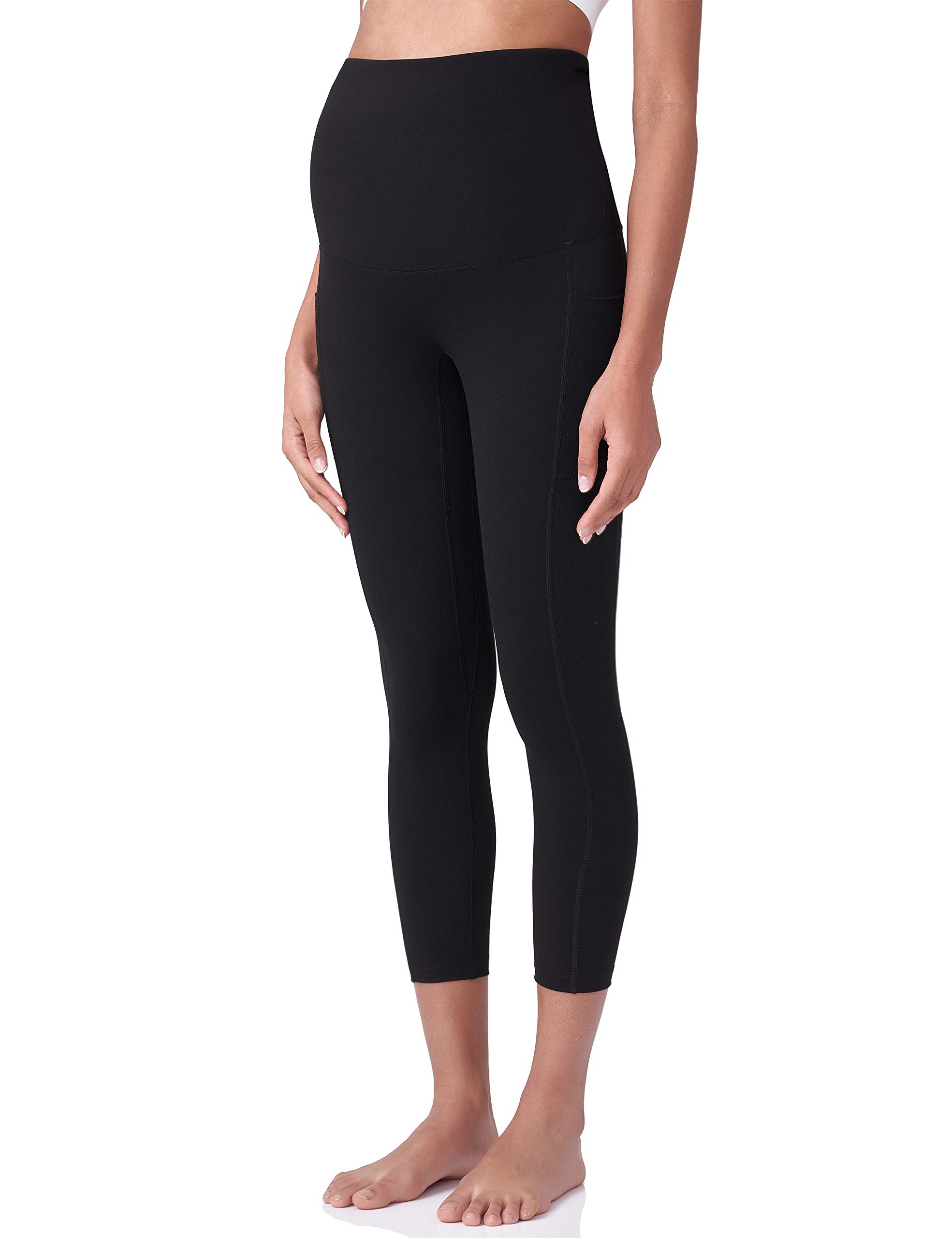 POSHDIVAH Women's Maternity Capri Leggings Over The Belly Pregnancy Workout Active Stretchy Pants with Pockets 2Pcs Black Small