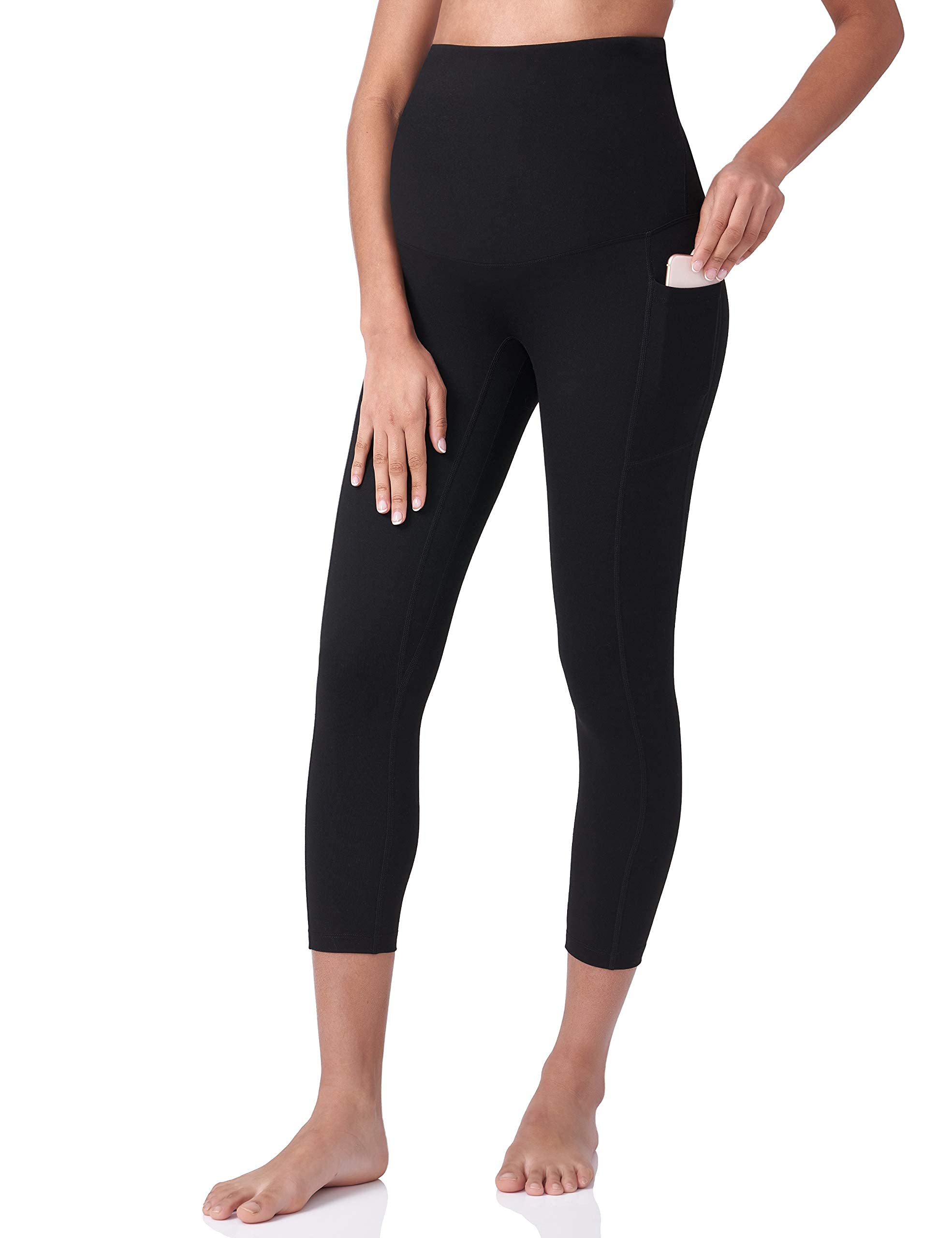 POSHDIVAH Women's Maternity Capri Leggings Over The Belly Pregnancy Workout Active Stretchy Pants with Pockets 2Pcs Black Small