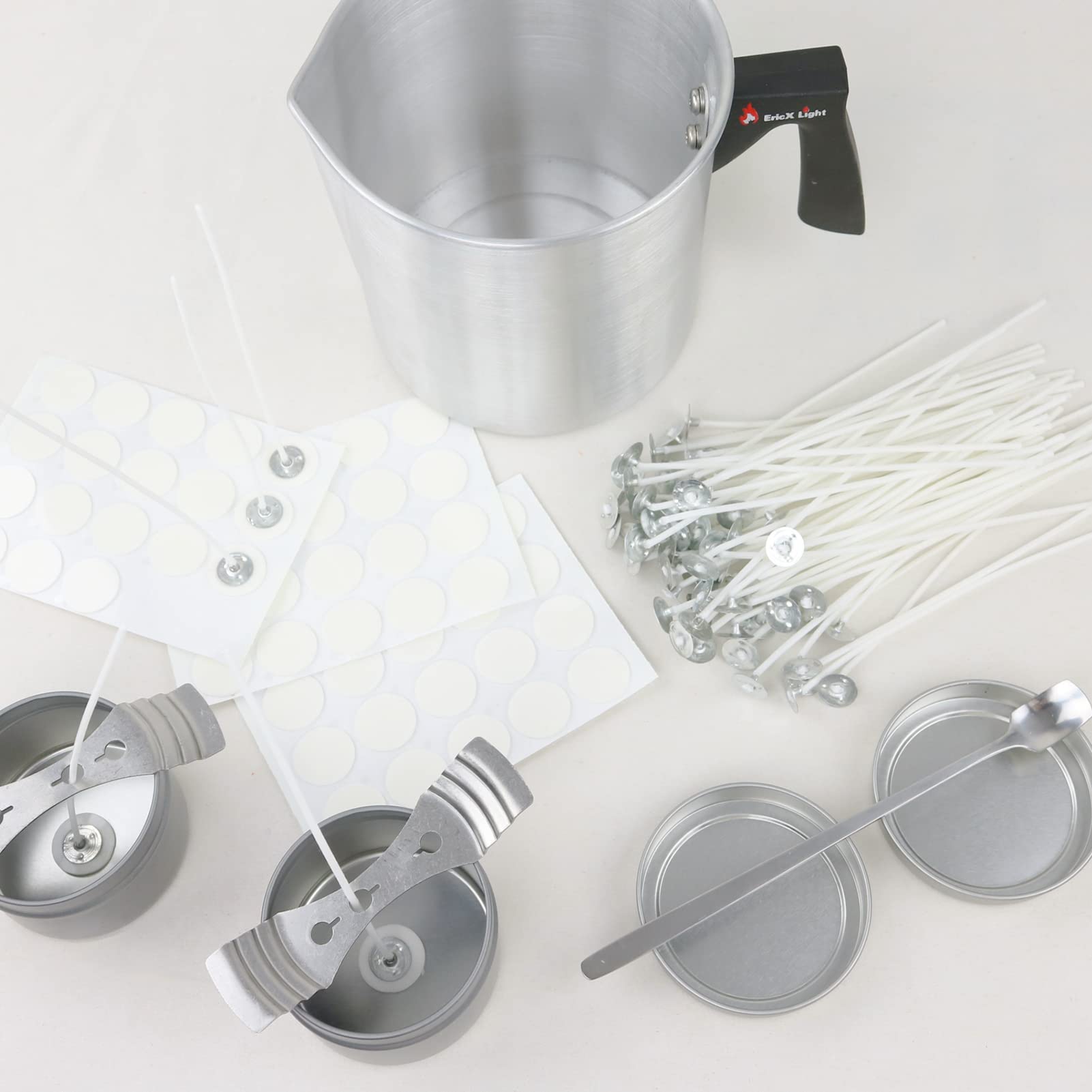 EricX Light Candle Making Kit, 60pcs Candle Wicks, 60pcs Candle Wicks Sticker, 1pc Candle Wax Pouring Pot, 2pcs 3-Hole Wicks Centering Devices, 1pc Mixing Spoon, DIY Candles Craft Tools