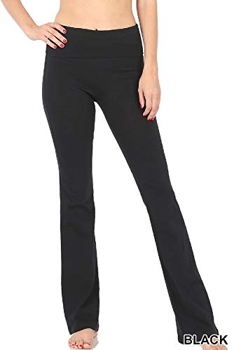 Zenana Women Fold Over Waist Cotton Stretch Flare Leg Boot Cut Yoga Pants Leggings Black Large