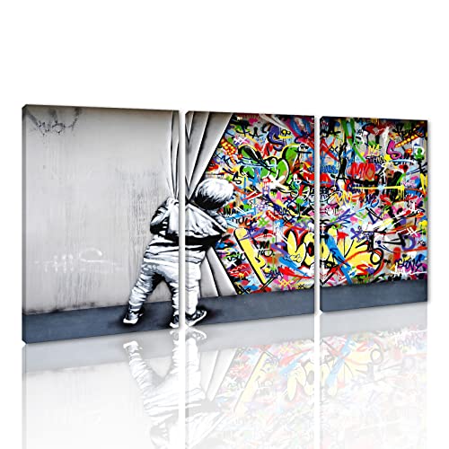 Behind The Curtain Canvas Prints Banksy Graffiti Wall Art Paintings Pop Art Colorful Posters Stretched Pictures for Living Room Modern Home Decor Framed Ready to Hang - 72” x 36”