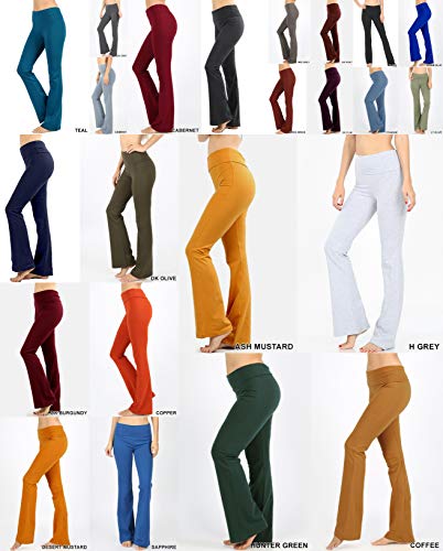 Zenana Women Fold Over Waist Cotton Stretch Flare Leg Boot Cut Yoga Pants Leggings Black Large