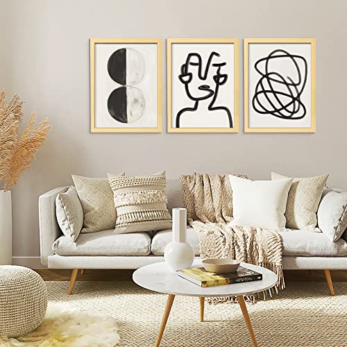 ArtbyHannah 11x14 Framed Abstract Wall Art Set of 3 with Minimalist Black Line Prints for wall decor