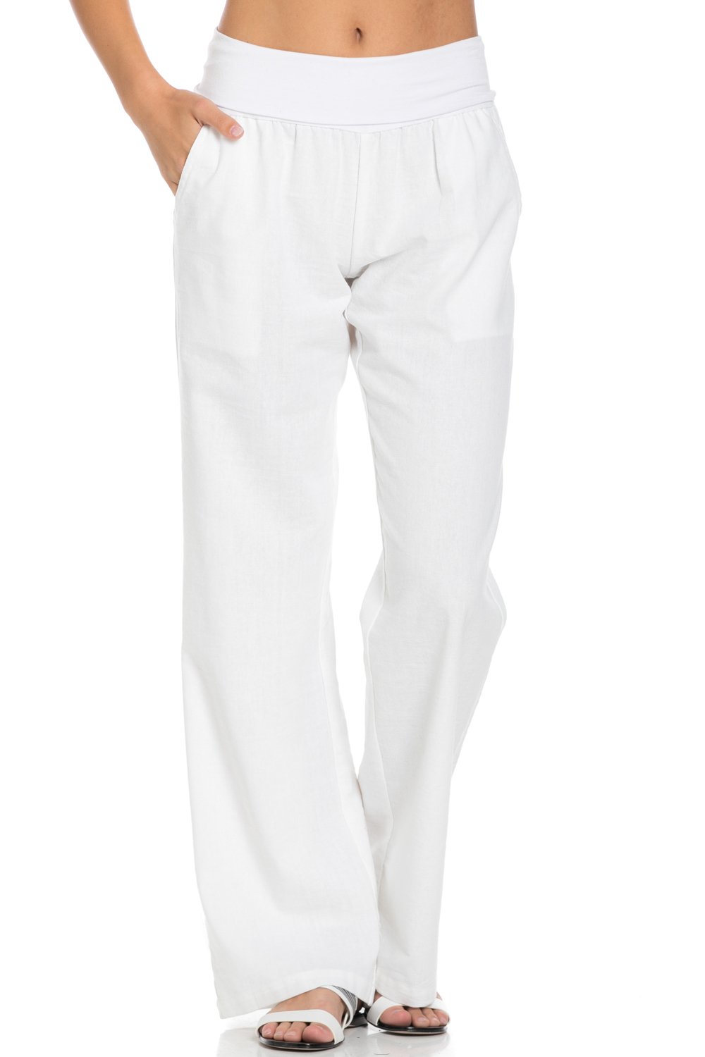 Poplooks Women's Comfy Fold Over Linen Pants (Small, White)