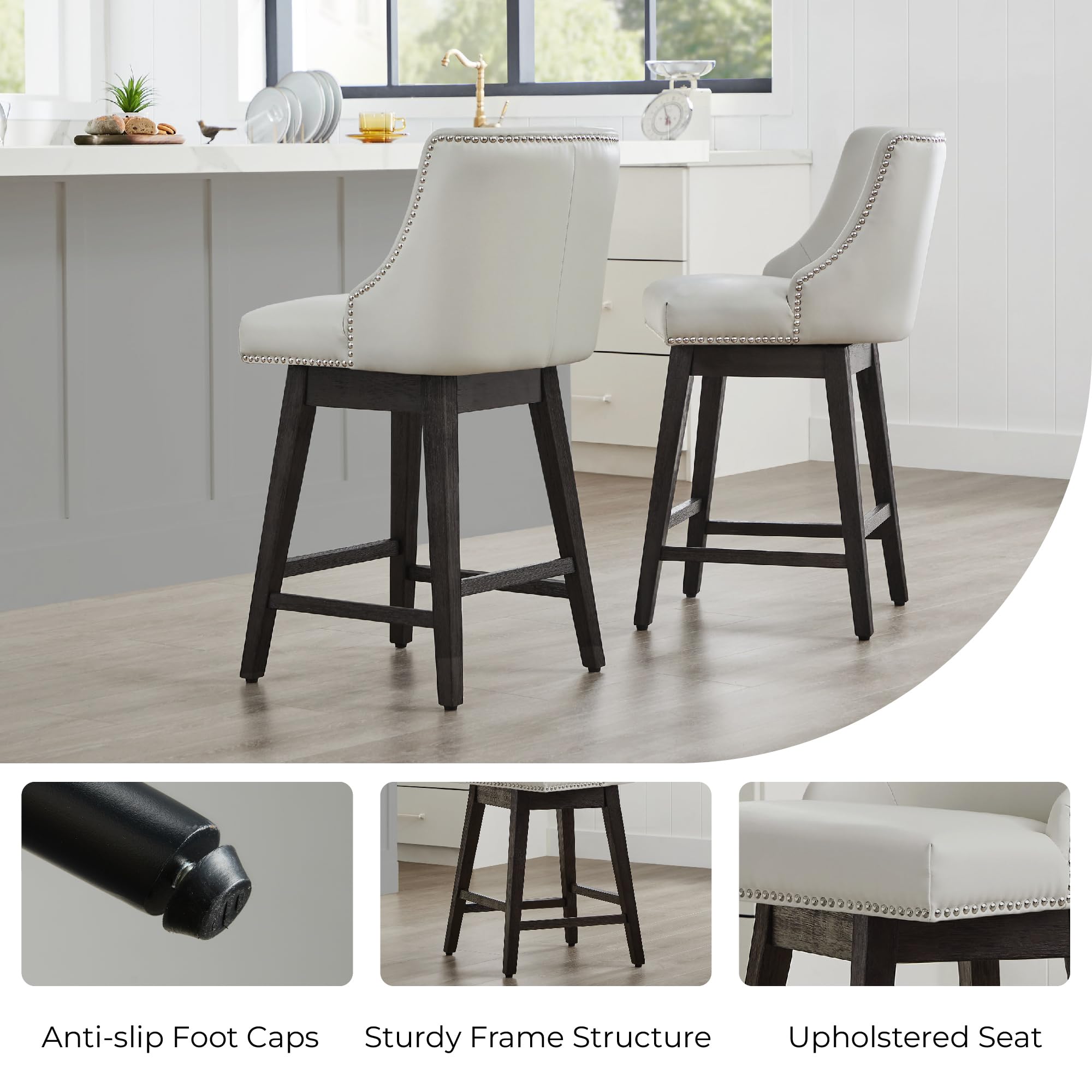 CHITA Counter Height Swivel Barstool,26" H Seat Height Upholstered Bar Stool,360° Free Swivel Barstools with Comfortable Foam Cushioning,Creamy Gray