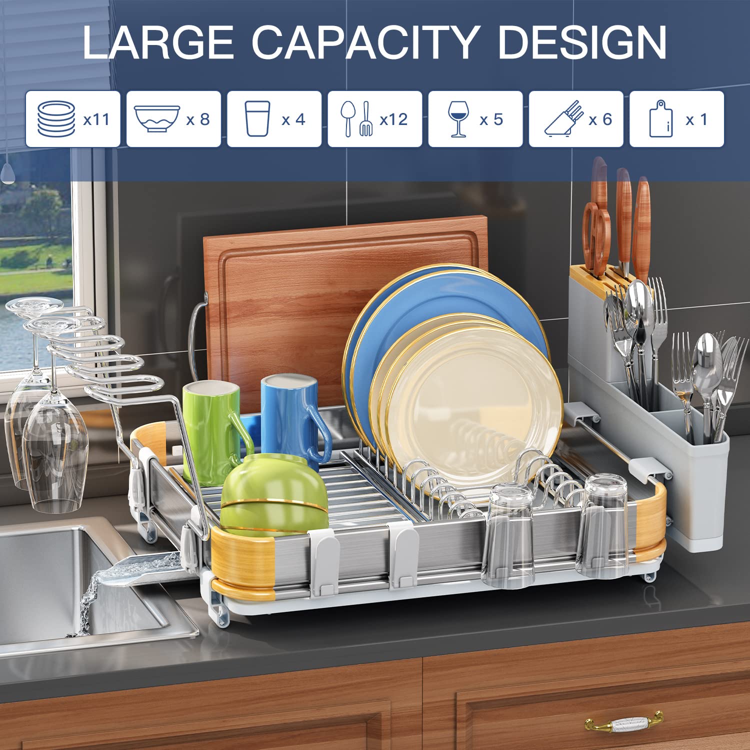 Dish Drying Rack, Aluminium Dish Racks for Kitchen Counter with Cup Rack, Large Dish Drainers with Drainboard, Anti-Rust Kitchen Dish Rack Dryer Shelf for Plate with Utensil, Cutting Board Holder