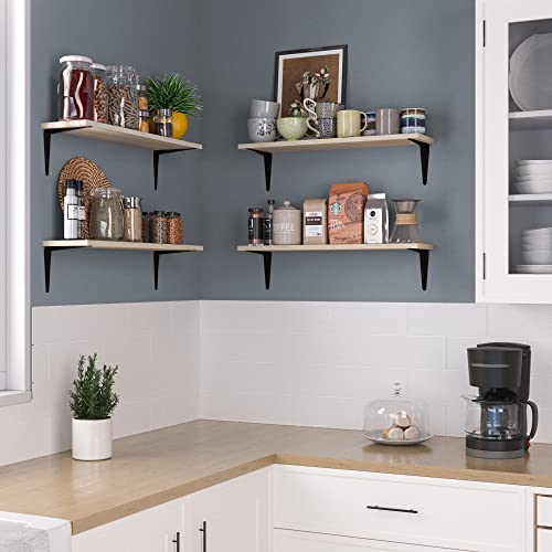 Wallniture Arras 24"x6" Floating Shelves for Wall Decor, Rustic Wall Shelves for Living Room, Kitchen & Bathroom Shelf Unit, Wood Wall Bookshelf Set of 4, Natural