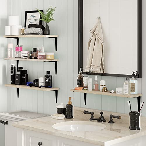 Wallniture Arras 24"x6" Floating Shelves for Wall Decor, Rustic Wall Shelves for Living Room, Kitchen & Bathroom Shelf Unit, Wood Wall Bookshelf Set of 4, Natural