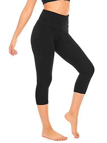 DEAR SPARKLE Fold Over Yoga Pants for Women Cotton Leggings Foldover High Waist Leggings Capri Plus Size (C7 F) (Black, X-Large)