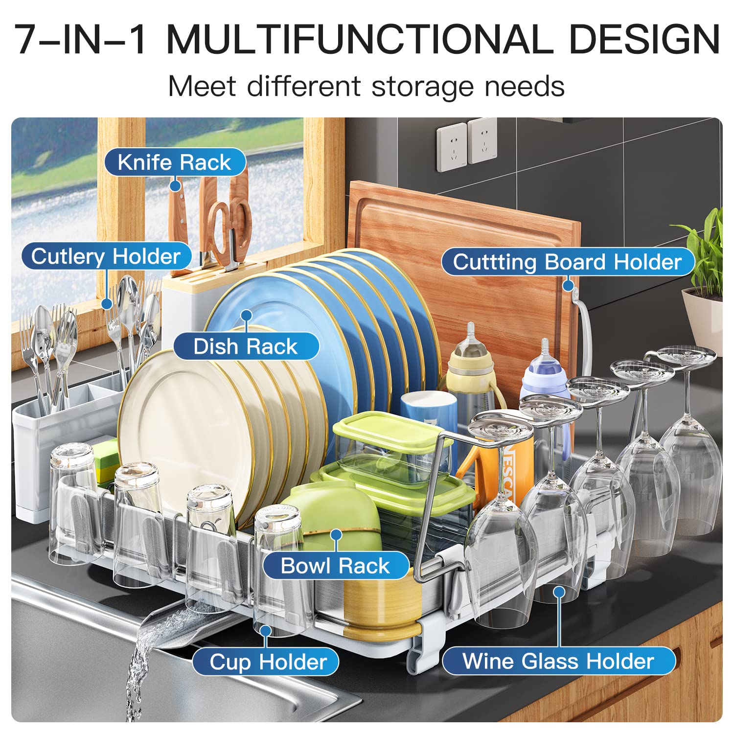 Dish Drying Rack, Aluminium Dish Racks for Kitchen Counter with Cup Rack, Large Dish Drainers with Drainboard, Anti-Rust Kitchen Dish Rack Dryer Shelf for Plate with Utensil, Cutting Board Holder