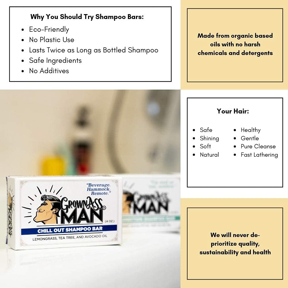 Grown Ass Man Co. - Solid Shampoo Bar Rich Lather 3 in 1: Hair, Beard & Body Wash - Plastic Free & Eco-Friendly, Natural & Organic Clean for All Hair Types, 4oz Bar (Chill Out, 3-Pack)