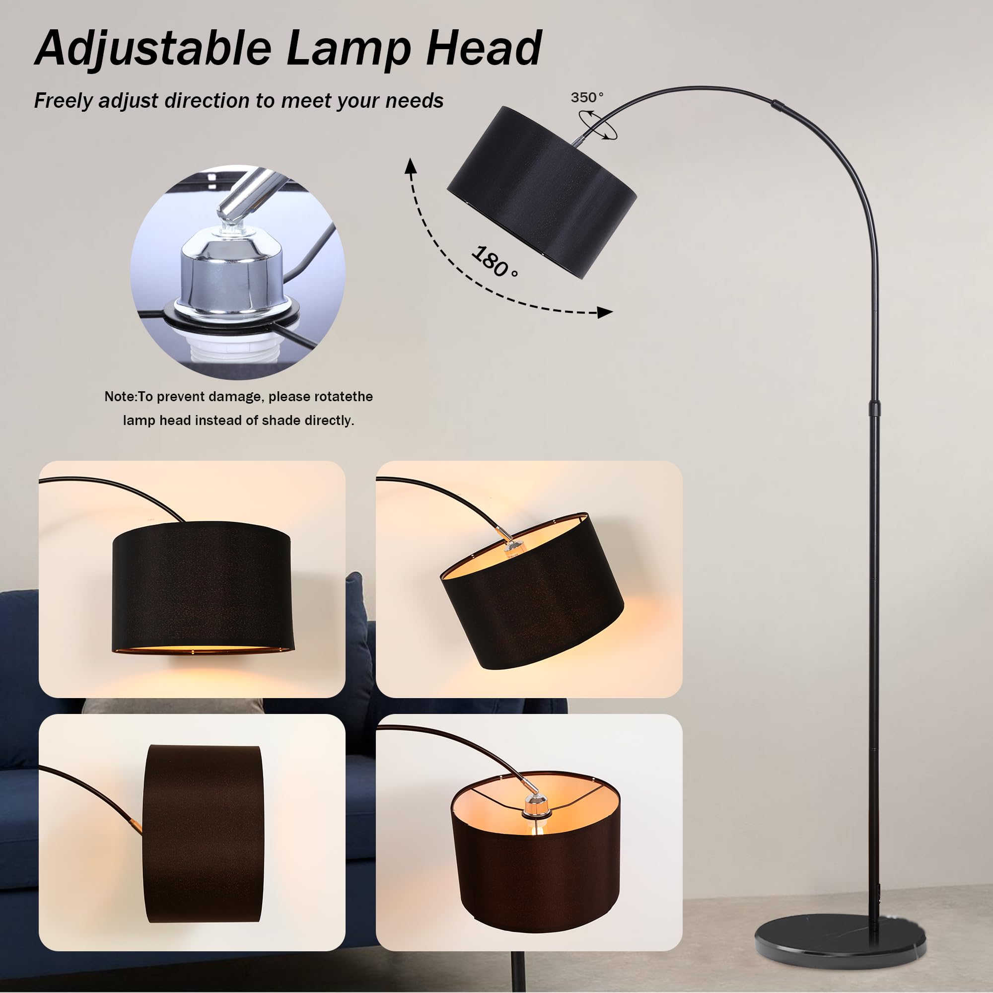 Arc Floor Lamp Modern Standing Lamp for Living Room Dimmable 72β Tall Floor Lamp Stand Up Reading Lamp Over Couch with Hanging Drum Shade Marble Base for Bedroom Reading Study Office