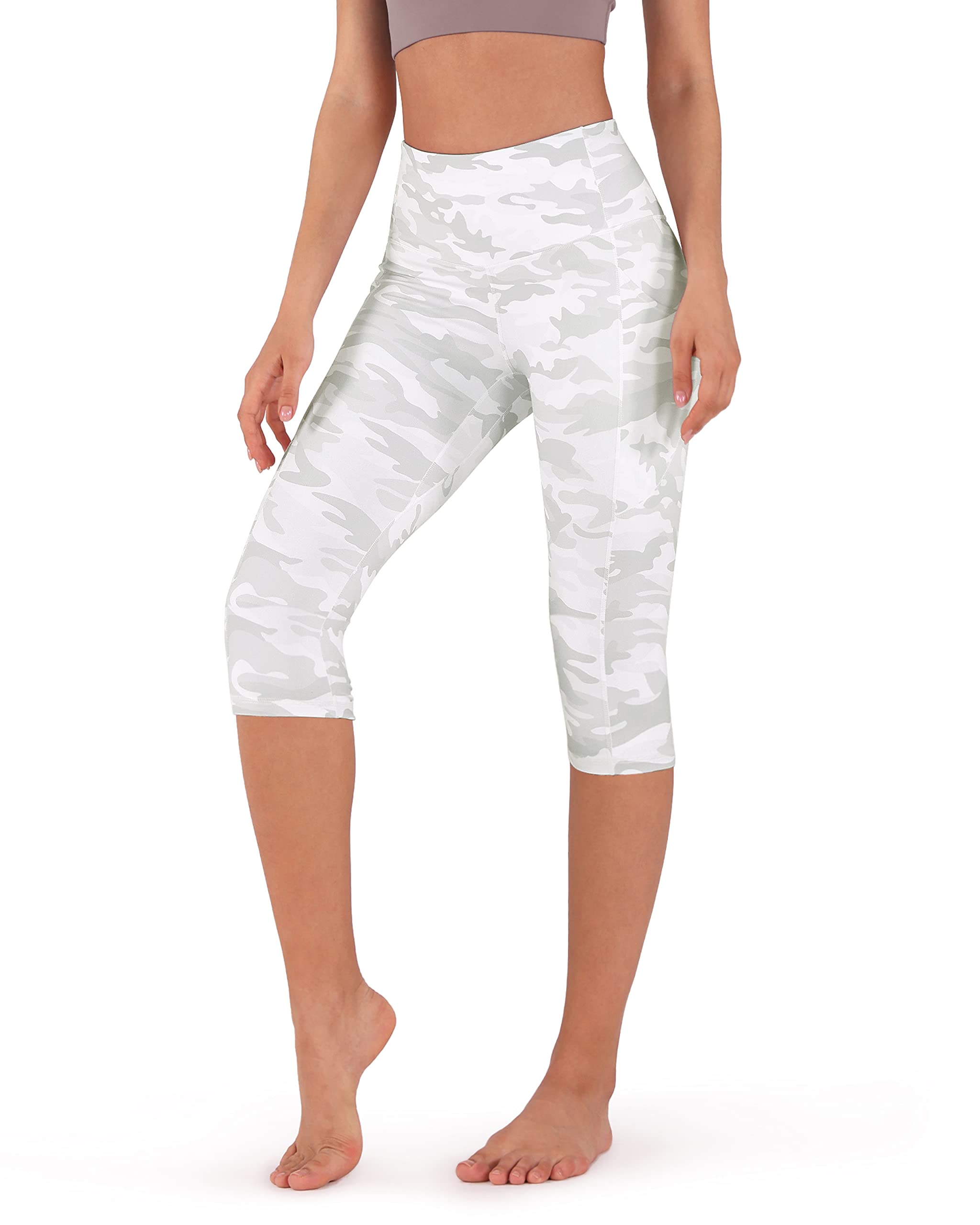 ODODOS Women's High Waisted Printed Yoga Capris with Pocket, Tummy Control Non See Through Workout Sports Running Athletic Capri Leggings, White Camo, Large