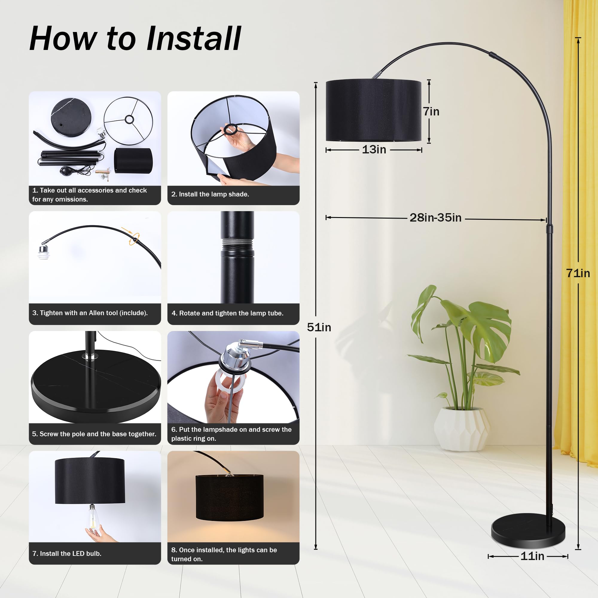 Arc Floor Lamp Modern Standing Lamp for Living Room Dimmable 72β Tall Floor Lamp Stand Up Reading Lamp Over Couch with Hanging Drum Shade Marble Base for Bedroom Reading Study Office