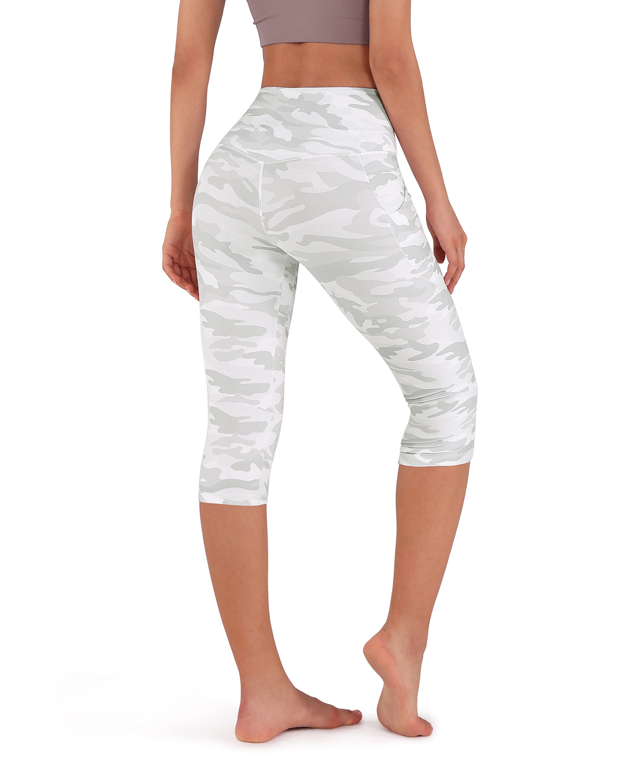 ODODOS Women's High Waisted Printed Yoga Capris with Pocket, Tummy Control Non See Through Workout Sports Running Athletic Capri Leggings, White Camo, Large