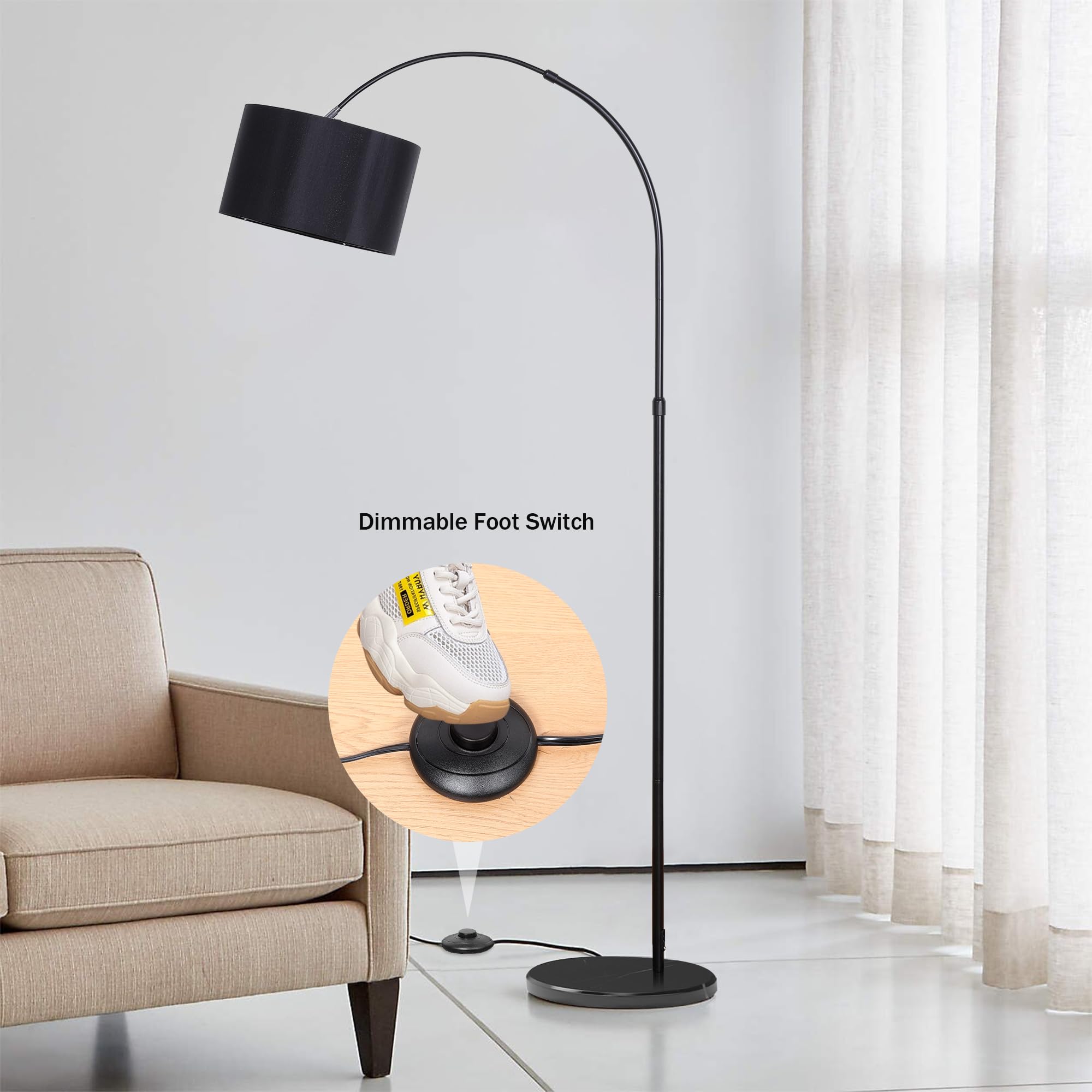 Arc Floor Lamp Modern Standing Lamp for Living Room Dimmable 72β Tall Floor Lamp Stand Up Reading Lamp Over Couch with Hanging Drum Shade Marble Base for Bedroom Reading Study Office
