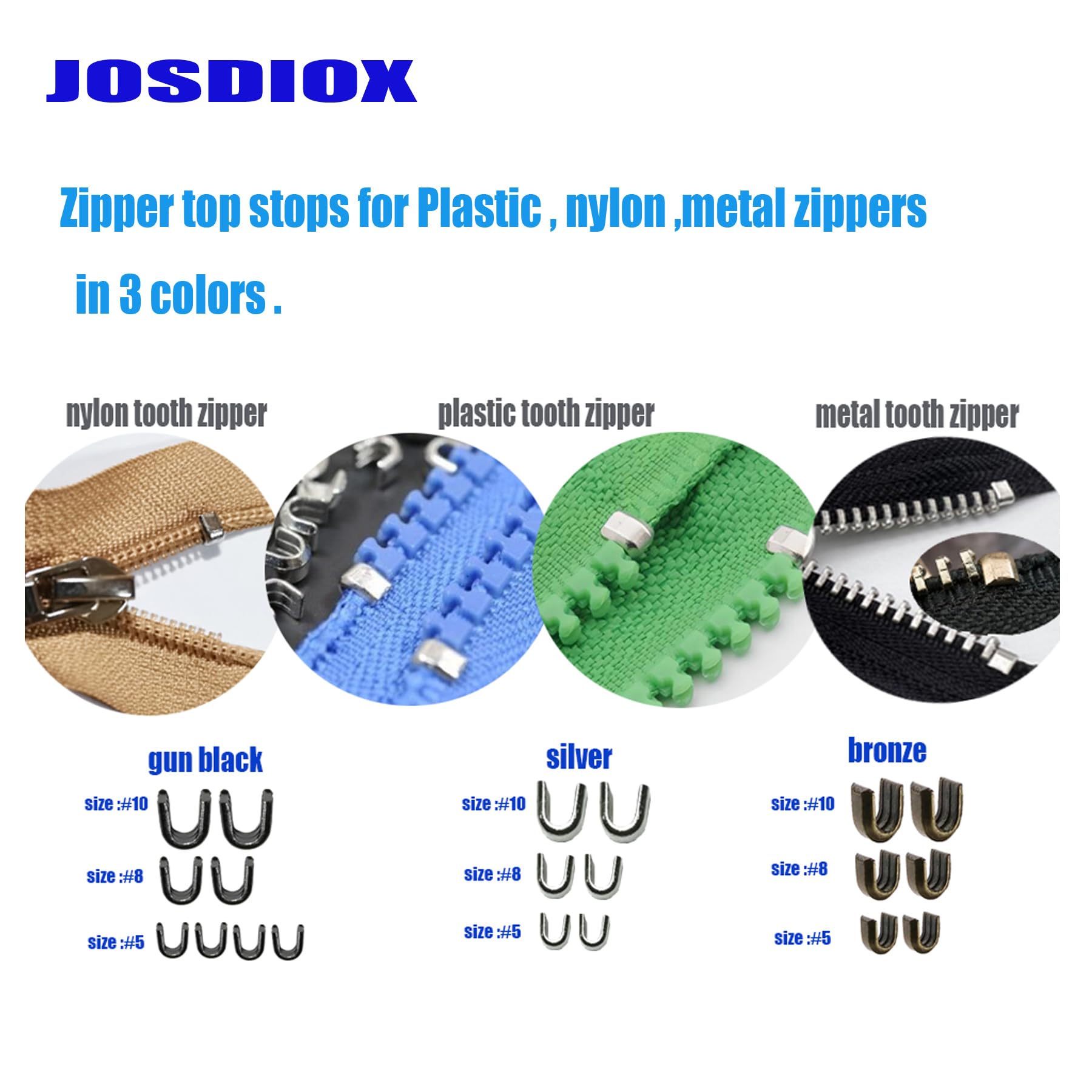 Zipper Repair Kit Metal Retainer Insertion Pin Zipper Top / Bottom Stop (3 Colors ) 13 Sets Zipper Fix Plug, Repair Down Zipper Stopper for Zipper Replacement (Size 10/8/5/3)