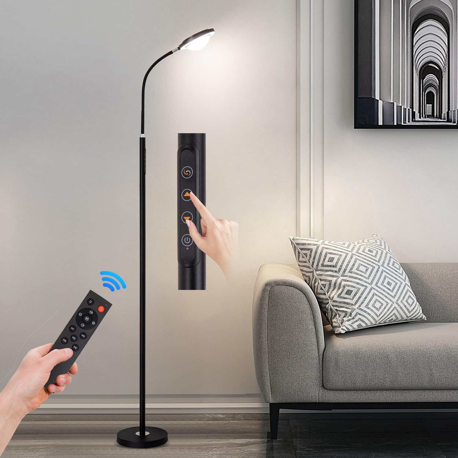 XXEAN Super Bright LED Floor Lamp with Remote,22W Dimmable Standing Lamp for Bedroom,Adjustable 10 Levels Brightness Tall Lamp with Timer,Touch Control Black Floor Lamp for Living Room