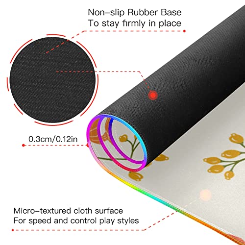 Large RGB Gaming Mouse Pad Pumpkin Acorn Cranberry Damask Glowing Extended Mousepad, Soft Anti-Slip Rubber Base Luminous Mouse Mat for Pc Laptop, Gaming, Office, Home
