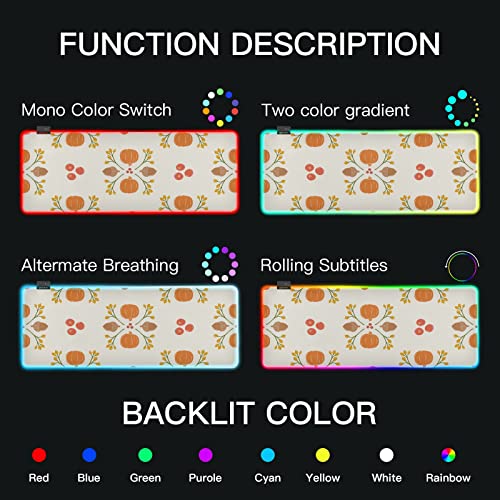 Large RGB Gaming Mouse Pad Pumpkin Acorn Cranberry Damask Glowing Extended Mousepad, Soft Anti-Slip Rubber Base Luminous Mouse Mat for Pc Laptop, Gaming, Office, Home