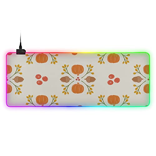 Large RGB Gaming Mouse Pad Pumpkin Acorn Cranberry Damask Glowing Extended Mousepad, Soft Anti-Slip Rubber Base Luminous Mouse Mat for Pc Laptop, Gaming, Office, Home