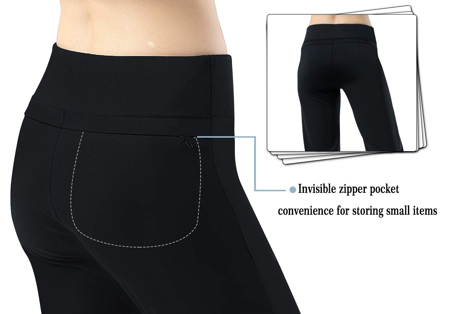 HISKYWIN 17"/23"/27"/29"/31"/33"/35" Inseam Capri/Petite/Regular/Tall Length Women's Straight Leg Yoga Pants Zip Pocket HF604-Black-M