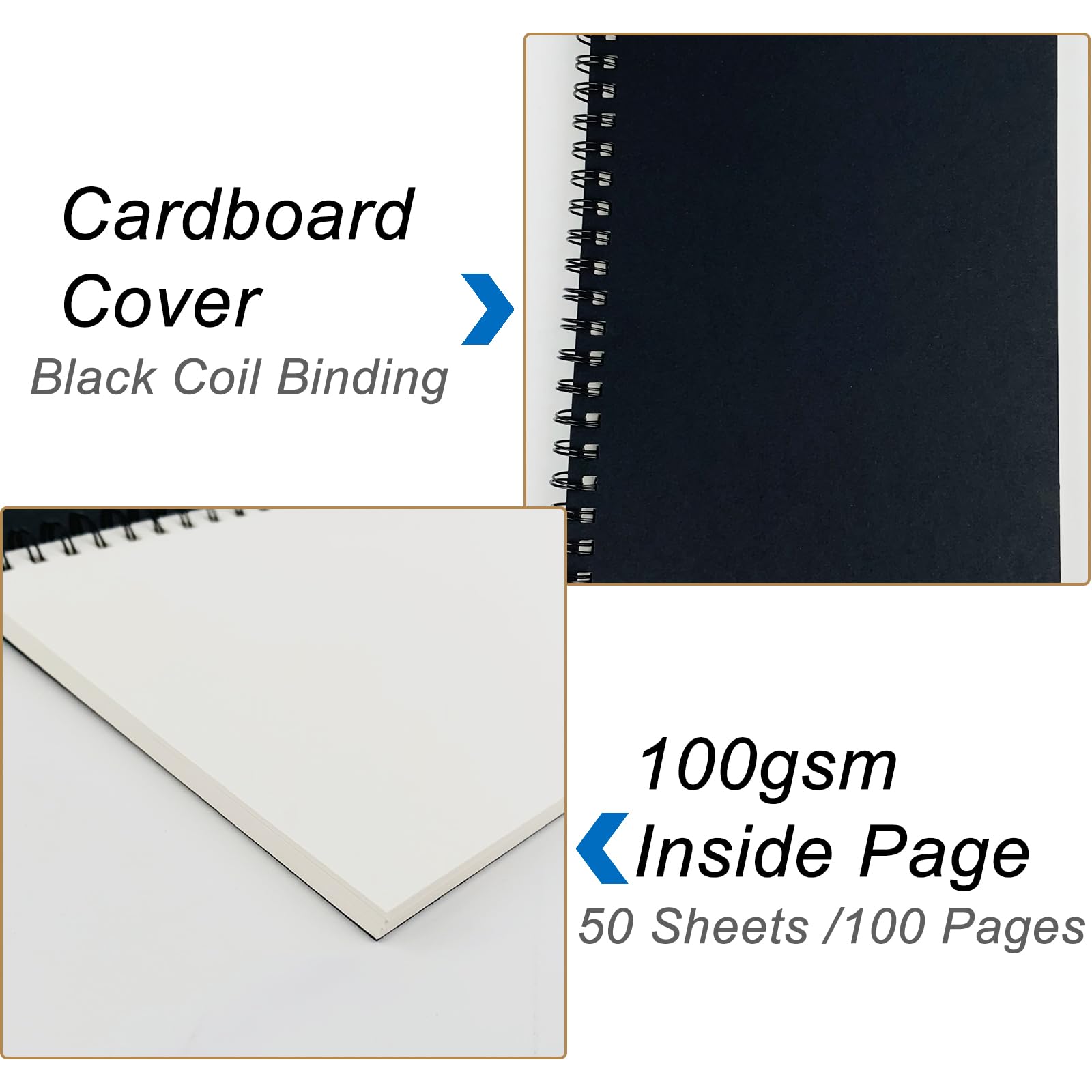 DSTELIN Blank Spiral Notebook, 3-Pack, Soft Cover, Sketch Book, 100 Pages / 50 Sheets, 7.5 inch x 5.1 inch, 100GSM, (Black)