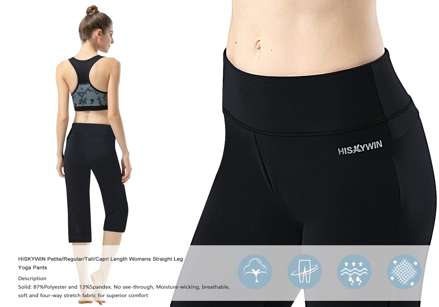 HISKYWIN 17"/23"/27"/29"/31"/33"/35" Inseam Capri/Petite/Regular/Tall Length Women's Straight Leg Yoga Pants Zip Pocket HF604-Black-M