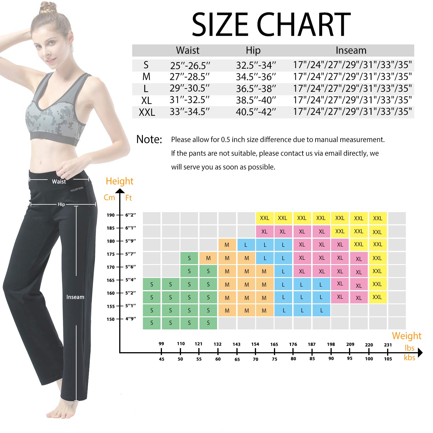 HISKYWIN 17"/23"/27"/29"/31"/33"/35" Inseam Capri/Petite/Regular/Tall Length Women's Straight Leg Yoga Pants Zip Pocket HF604-Black-M