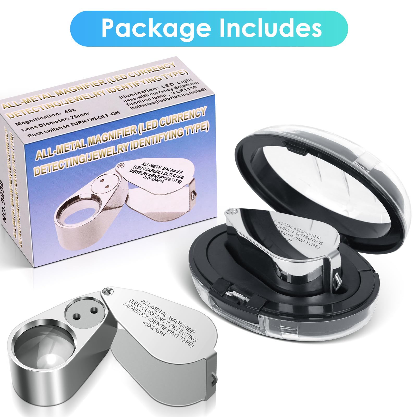 Leffis 40X Jewelers Loupe Magnifier Magnifying Glasses, LED/UV Illuminated Jewelry Loop Pocket Folding Magnifying Glass with Metal Construction for Close Work, Gardening, Kids, Stamp, Rock Collecting